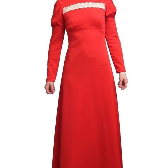 Vintage | Dresses | Vintage Red Long Sleeve Maxi Dress Handmade With ...